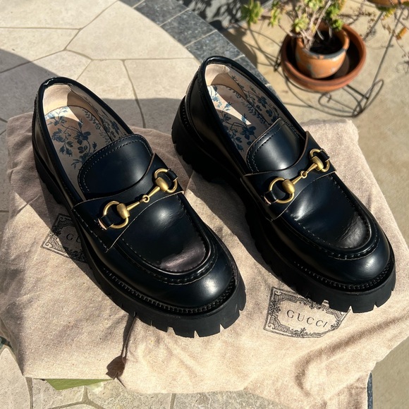 Gucci | Shoes | Chunky Black And Gold Gucci Loafers | Poshmark
